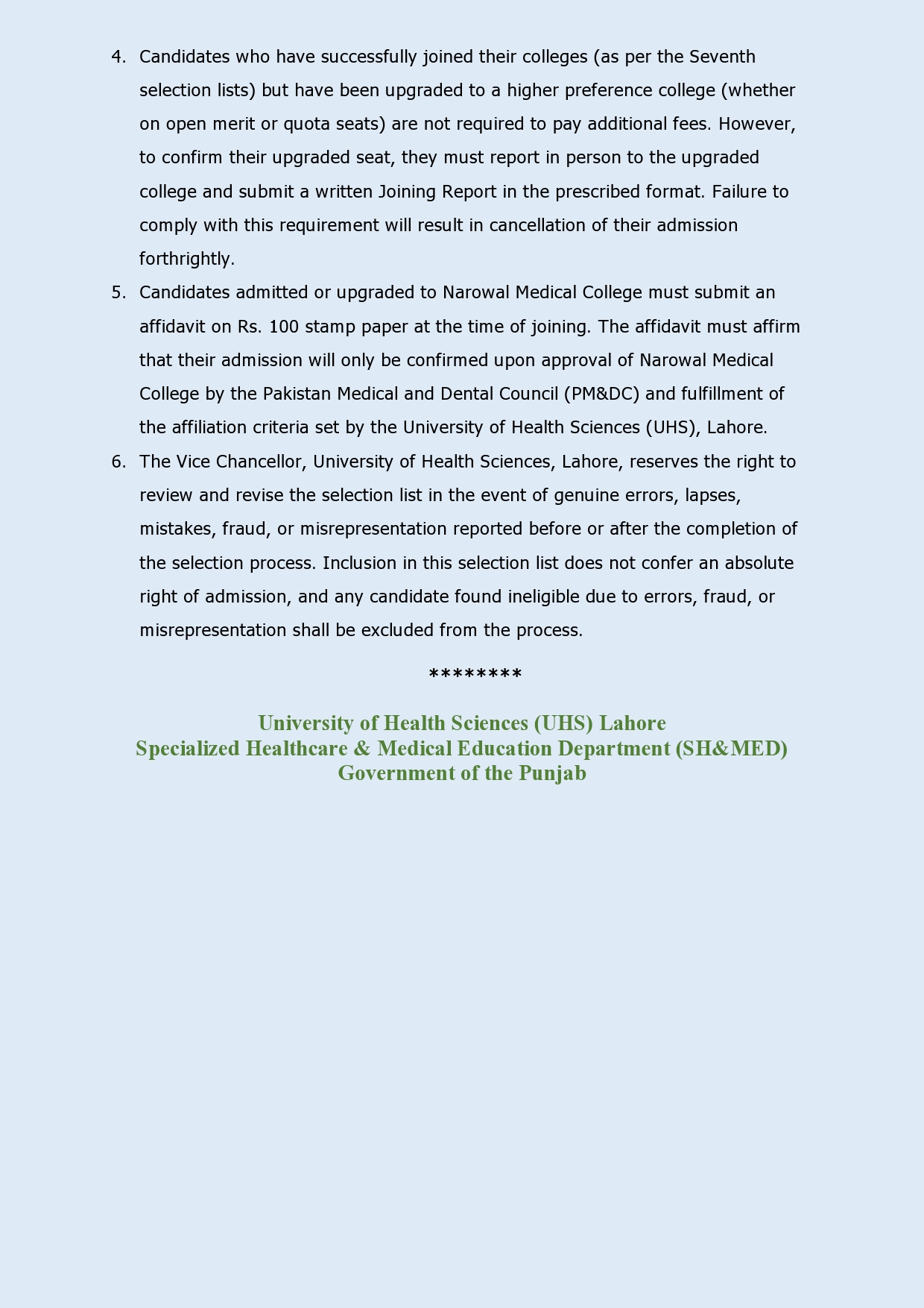 Eighth College-Wise Selection List